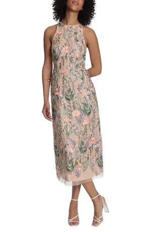 Maggy London Embroidered Floral Halter Neck Midi Dress - Red/pink Multi