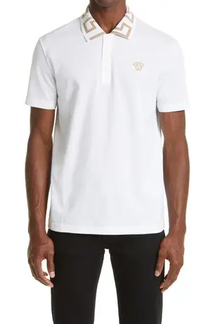 Versace Greco Collar Cotton Piqué Polo Optical White