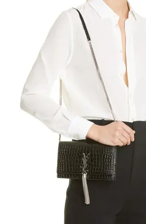 Saint Laurent Kate Croc Embossed Leather Wallet On A Chain
