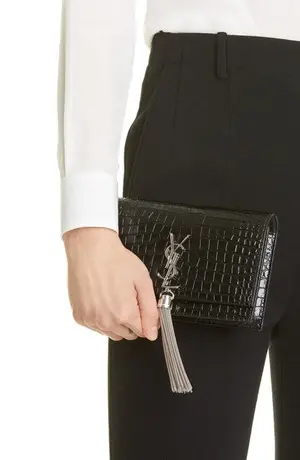 Saint Laurent Kate Croc Embossed Leather Wallet On A Chain
