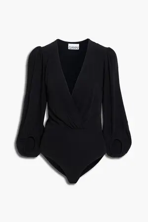 GANNI Wrapeffect Crepe And Stretchjersey Bodysuit - Black