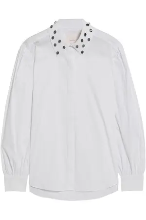 Cinq À Sept Eli Crystalembellished Cottonblend Poplin Shirt - White