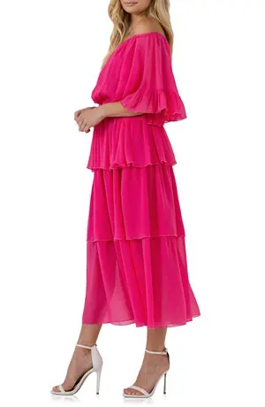 Endless Rose Off The Shoulder Tiered Chiffon Dress - Fuchsia