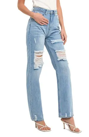 GREY LAB Destroyed Straight Leg Jeans - Denim