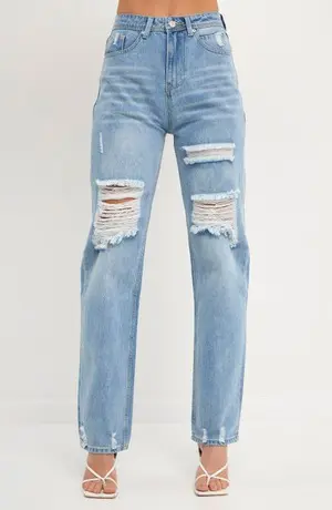 GREY LAB Destroyed Straight Leg Jeans - Denim