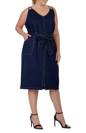 STANDARDS & PRACTICES Double Strap Tie Waist Denim Midi Dress