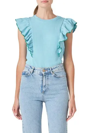 English Factory Merrow Ruffle Top - Powder Blue/green