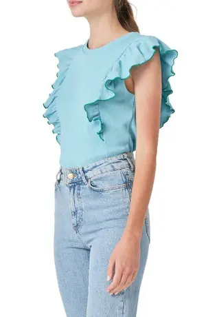 English Factory Merrow Ruffle Top - Powder Blue/green