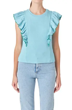 English Factory Merrow Ruffle Top - Powder Blue/green