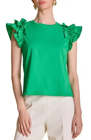 English Factory Ruffle Sleeve Cotton Top - Green