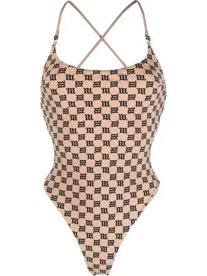 MISBHV Criss-cross Monogram-print Swimsuit - Neutrals