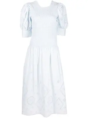 GANNI Broderie Anglaise Puff Sleeve Midi Dress