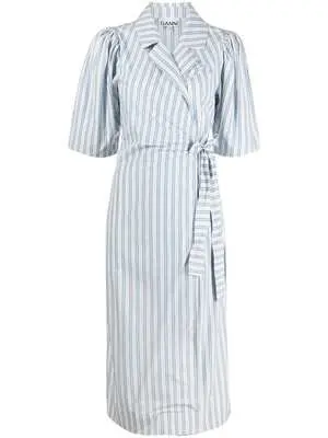 GANNI Striped Wrap Midi Dress