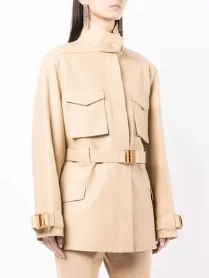 Off-White Single-breasted Belted Leather Coat