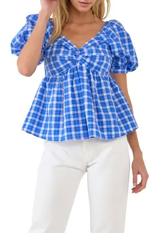 English Factory Twist Front Gingham Top