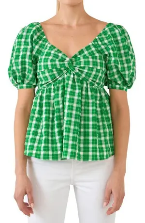 English Factory Twist Front Gingham Top - Green