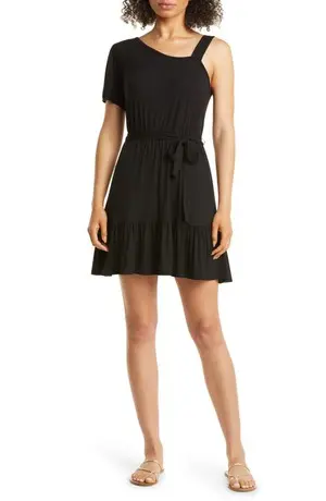 Loveappella One-shoulder Ruffle Hem Knit Dress - Black