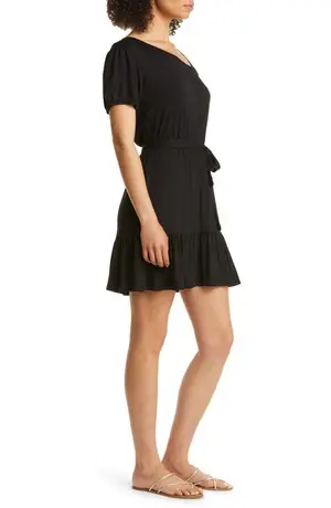 Loveappella One-shoulder Ruffle Hem Knit Dress - Black