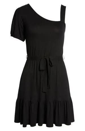Loveappella One-shoulder Ruffle Hem Knit Dress - Black