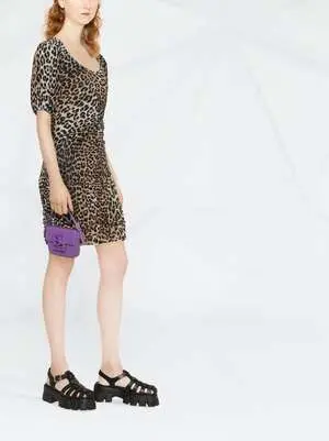 GANNI Leopard-print Ruched Mini Dress - Brown