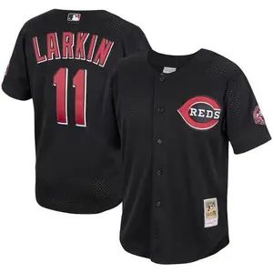 Mitchell & Ness Barry Larkin Cincinnati Reds Cooperstown Collection Mesh Batting Practice Button-up Jersey - Black