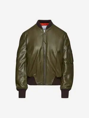 Attico Leather Anja Bomber Jacket Military Green