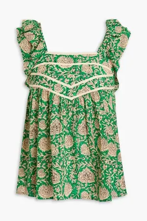 Ba&sh Gathered Ruffletrimmed Floralprint Jacquard Top - Green