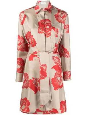 FERRAGAMO Floral Print Belted Shirt Dress - Neutrals