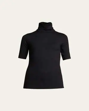 Majestic Filatures Soft Touch Elbow-sleeve Turtleneck Top - Noir 002