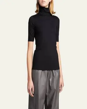 Majestic Filatures Soft Touch Elbow-sleeve Turtleneck Top