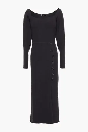 Sandro Buttonembellished Mélange Ribbedknit Midi Dress - Anthracite