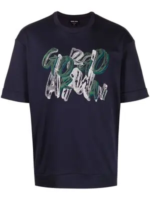 Giorgio Armani Graphic Logo-Print Cotton T-Shirt - Blue - 40