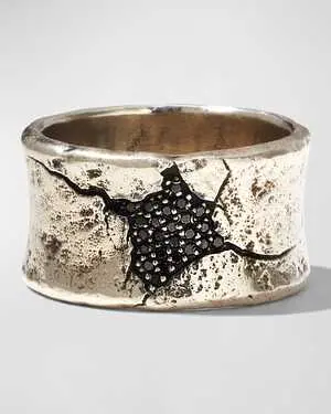 John Varvatos Crack Band Ring With Black Diamond Pav - Silver