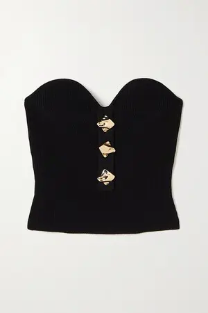 SELF-PORTRAIT Strapless Button-embellished Ribbed-knit Top