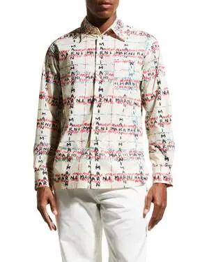 Marni Men's Check Logo Script Sport Shirt - White