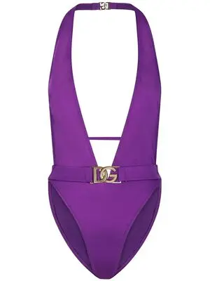 Dolce & Gabbana Logo Plaque Halterneck Swimsuit - Purple