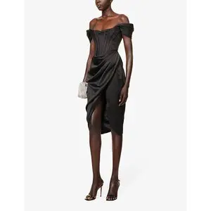 House Of Cb Loretta Off-shoulder Satin Midi Dress - Black