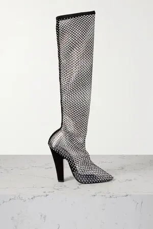 Saint Laurent Suede-trimmed Crystal-embellished Fishnet Knee Boots