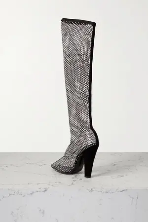 Saint Laurent Suede-trimmed Crystal-embellished Fishnet Knee Boots
