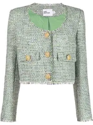 SELF-PORTRAIT Tweed Scoop-neck Jacket - Green