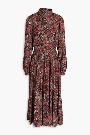 NICHOLAS Gathered Printed Georgette Midi Dress - Burgundy