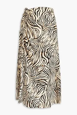 NICHOLAS Ruched Zebra-print Satin Midi Skirt - Cream