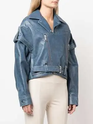 MANOKHI Calf Leather Biker Jacket - Blue