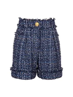 Balmain Cotton Blend Tweed Denim Mini Shorts - Blue