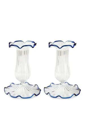 MODA DOMUS Set-of-two Small Scalloped Glass Candle Sticks - Blue