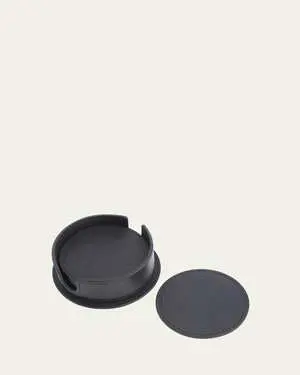 ROYCE NEW YORK Monogrammed Leather Coasters & Holder, Personalized Set Of 6 - Black