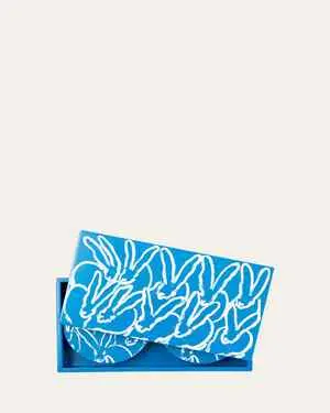 HUNT SLONEM Blue Bunny Lacquer Coaster Box Set 6 Coasters