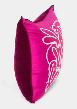 HUNT SLONEM Embroidered Silk & Velvet Seven Bunny Pillow, 22" Magenta