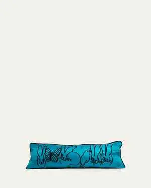 HUNT SLONEM Embroidered Silk & Velvet Agerie Pillow, 14" X 35 - Peacock Blue