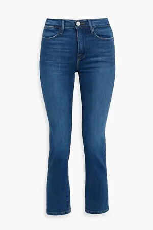 FRAME Le High Straight Distressed Mid Rise Straight Leg Jeans - Mid Denim